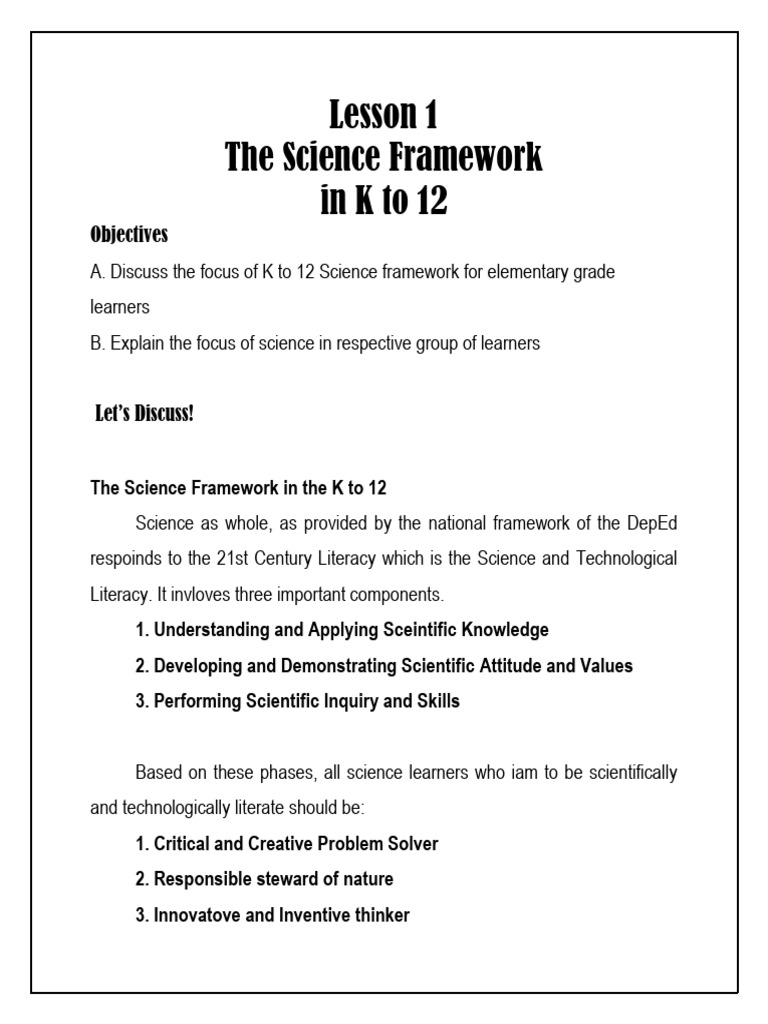 Lesson 1 The Science Framework in K To 12 | PDF | Learning Styles | Science