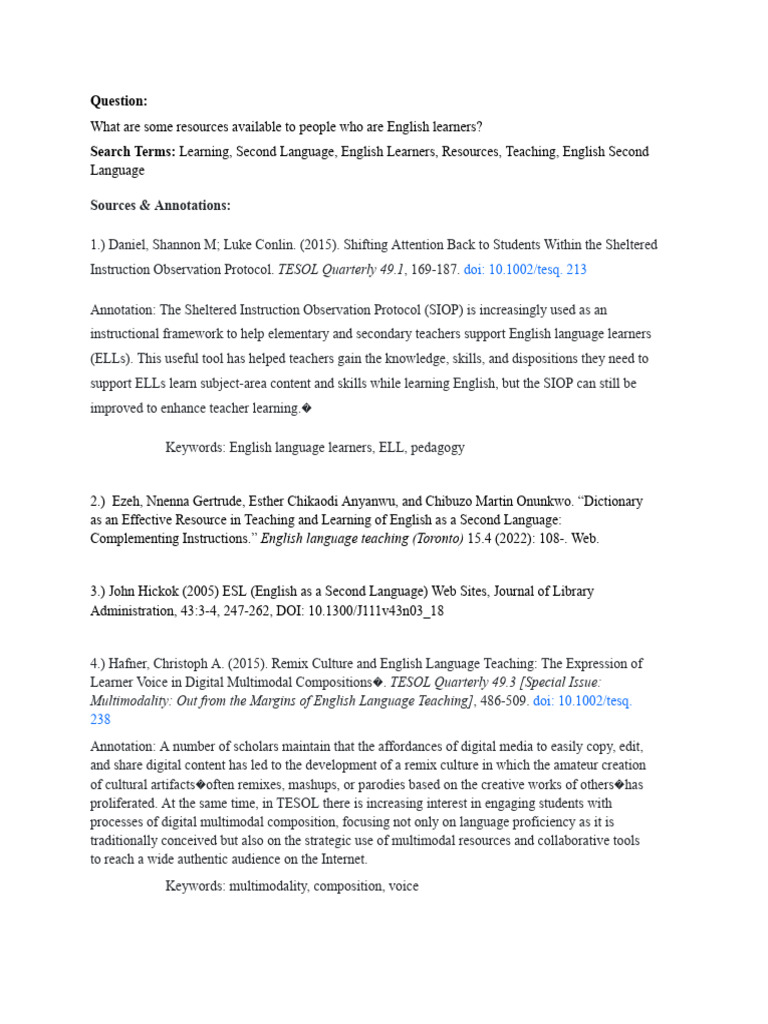 Sources & Annotations:: Doi: 10.1002/tesq. 213 | PDF | English As A ...