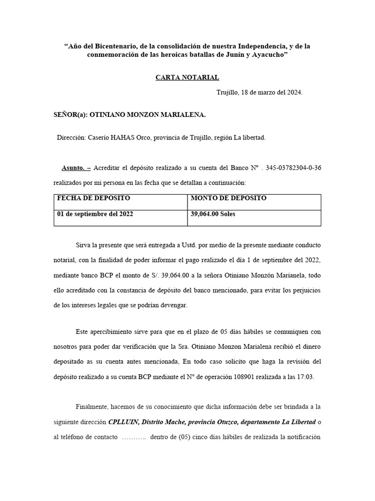 Carta Notarial - Jessica Cabanillas Zavaleta | PDF