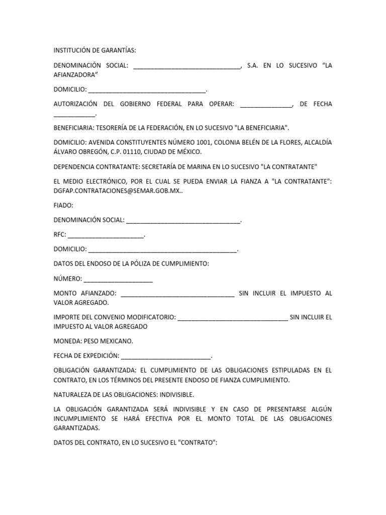 Modelo para Endoso de Fianza Cumplimiento | Descargar gratis PDF | Póliza de seguros