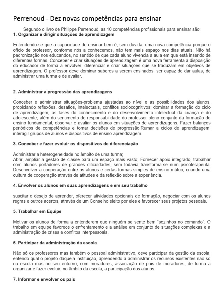 Dez Competências de Perrenoud para Ensinar | PDF | Aprendizado | Pedagogia