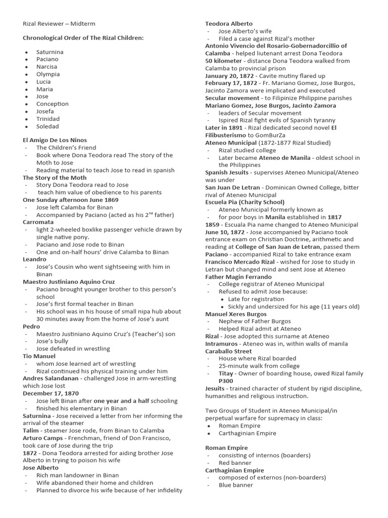 Rizal Reviewer - Midterm | PDF | Spanish East Indies | Philippines