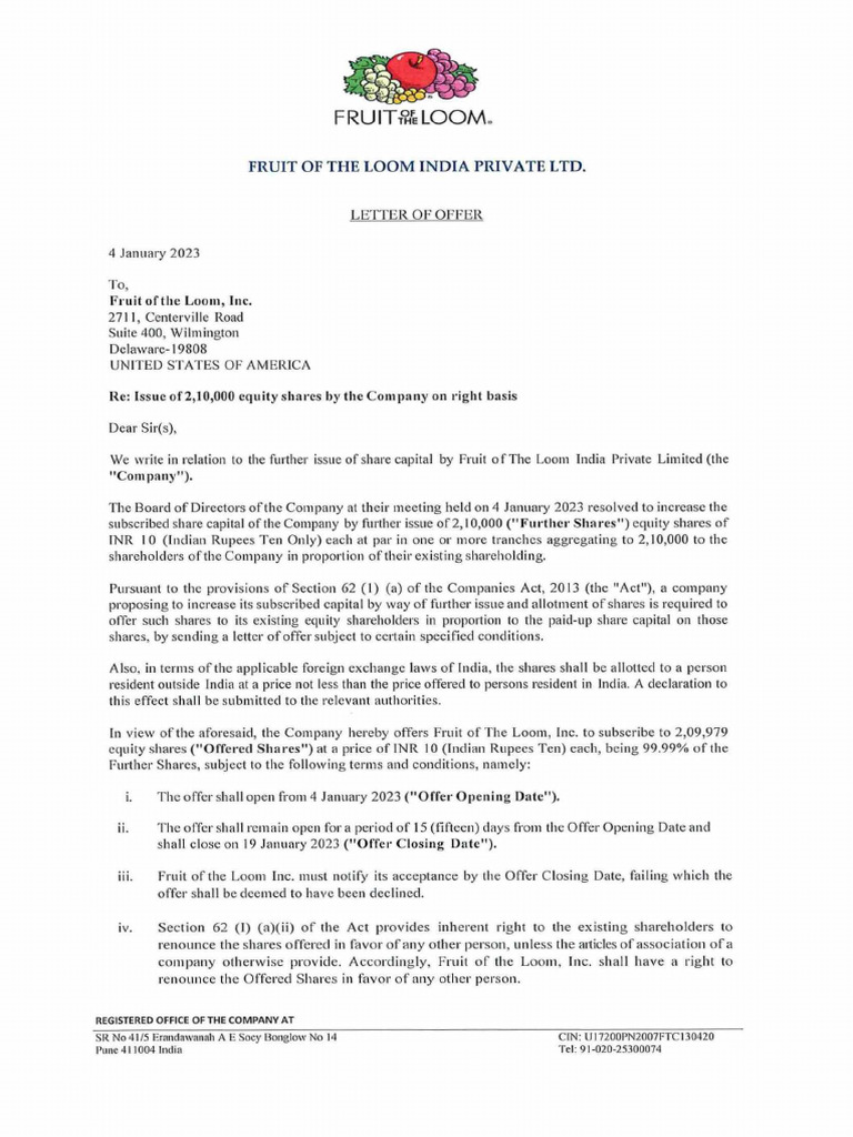 Offer Letters For Equity Shares | PDF