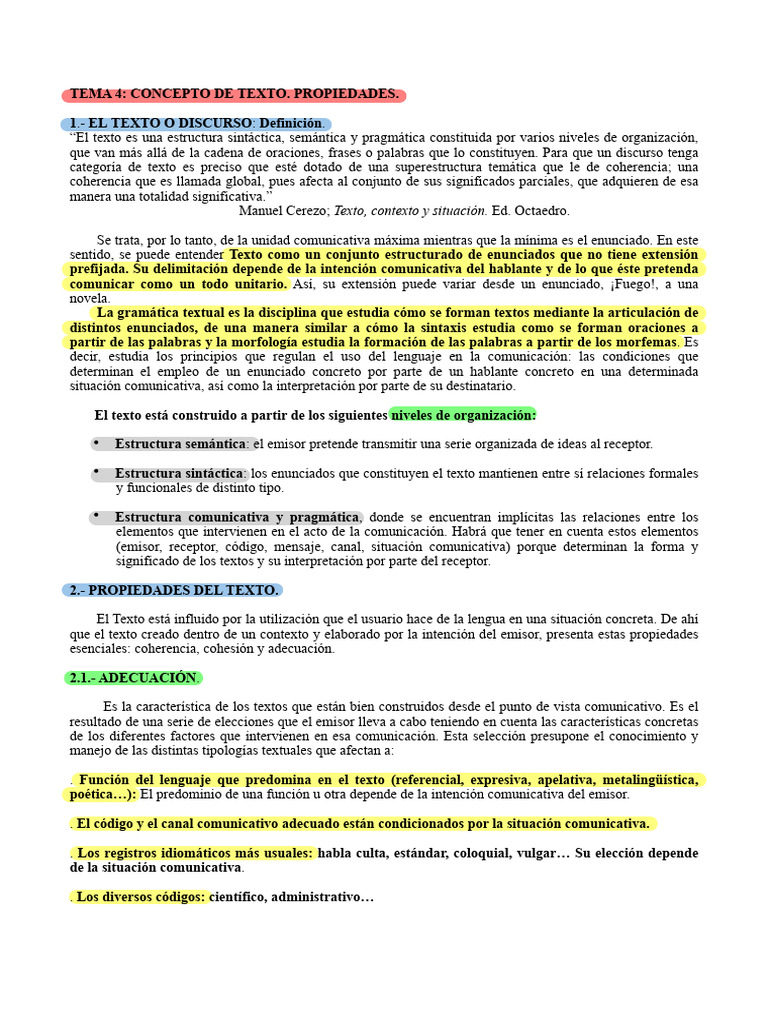 Tema 4-El Texto y Sus Propiedades | PDF | Palabra | Oración (Lingüística)