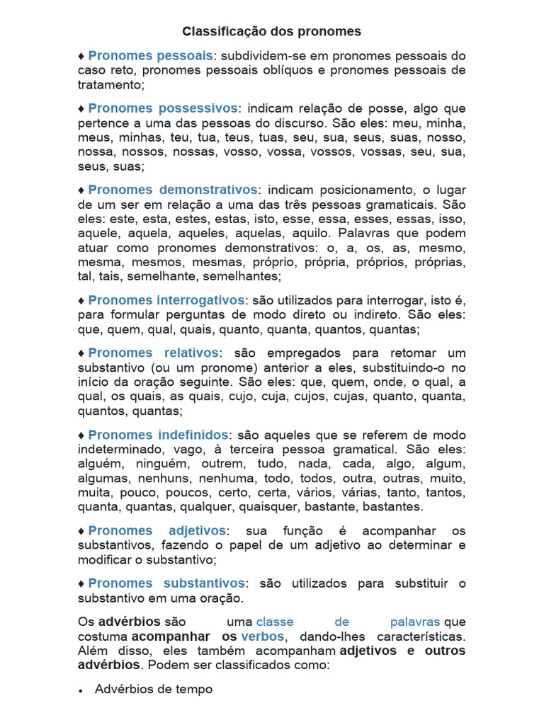 Classificação dos Pronomes e Advérbios | PDF | Assunto (gramática ...