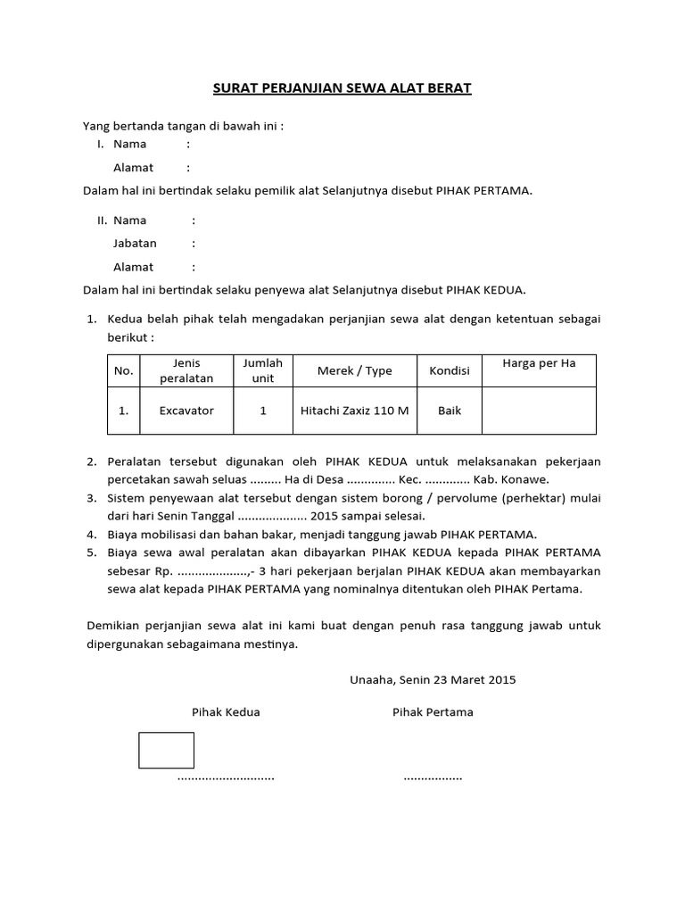 Contoh Surat Perjanjian Sewa Alat Berat | PDF | Hukum