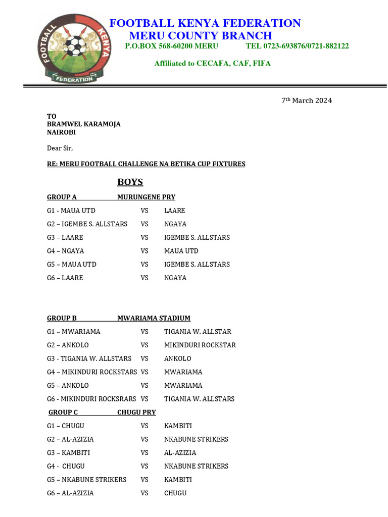FKF Meru Betika Fixtures | PDF | Association Football