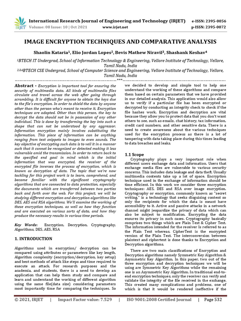 Irjet Image Encryption Techniques and Co | PDF | Cryptography | Encryption