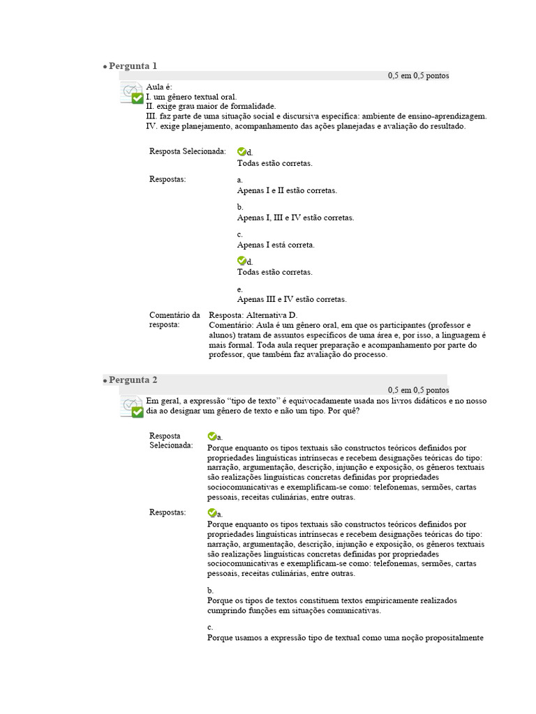 Pergunta 1: Resposta Selecionada: D. Respostas: A | PDF