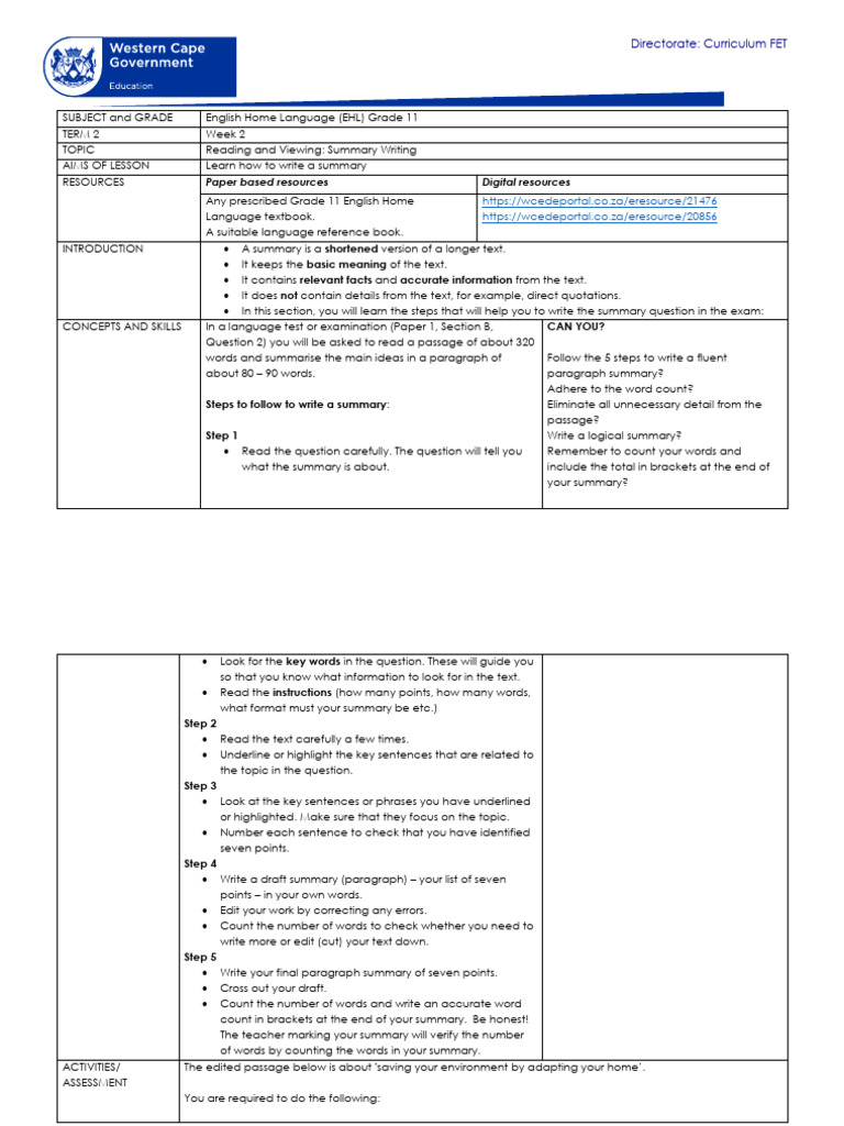 FET T2 Week 2 Grade 11 English Home Language Reading and Viewing Summary Writing | PDF | Solar ...