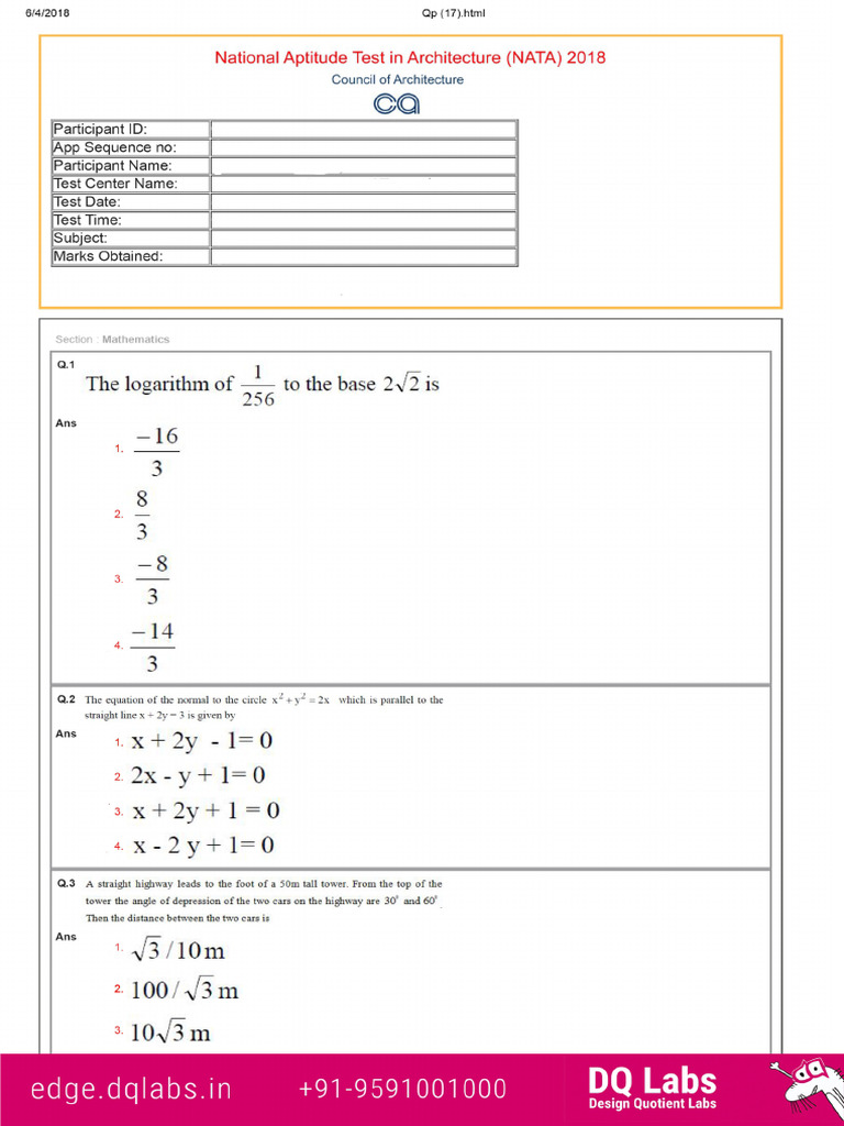 NATA Past Year Paper 2018 | PDF