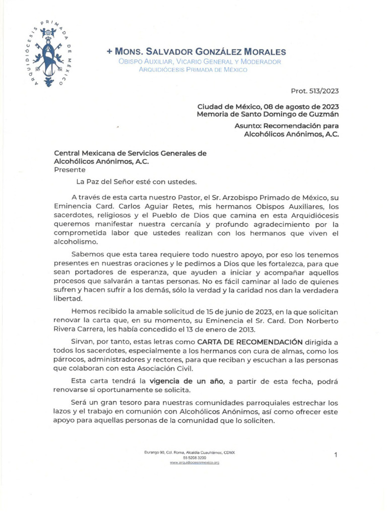 Carta Arzobispado A Central Mexicana. | PDF