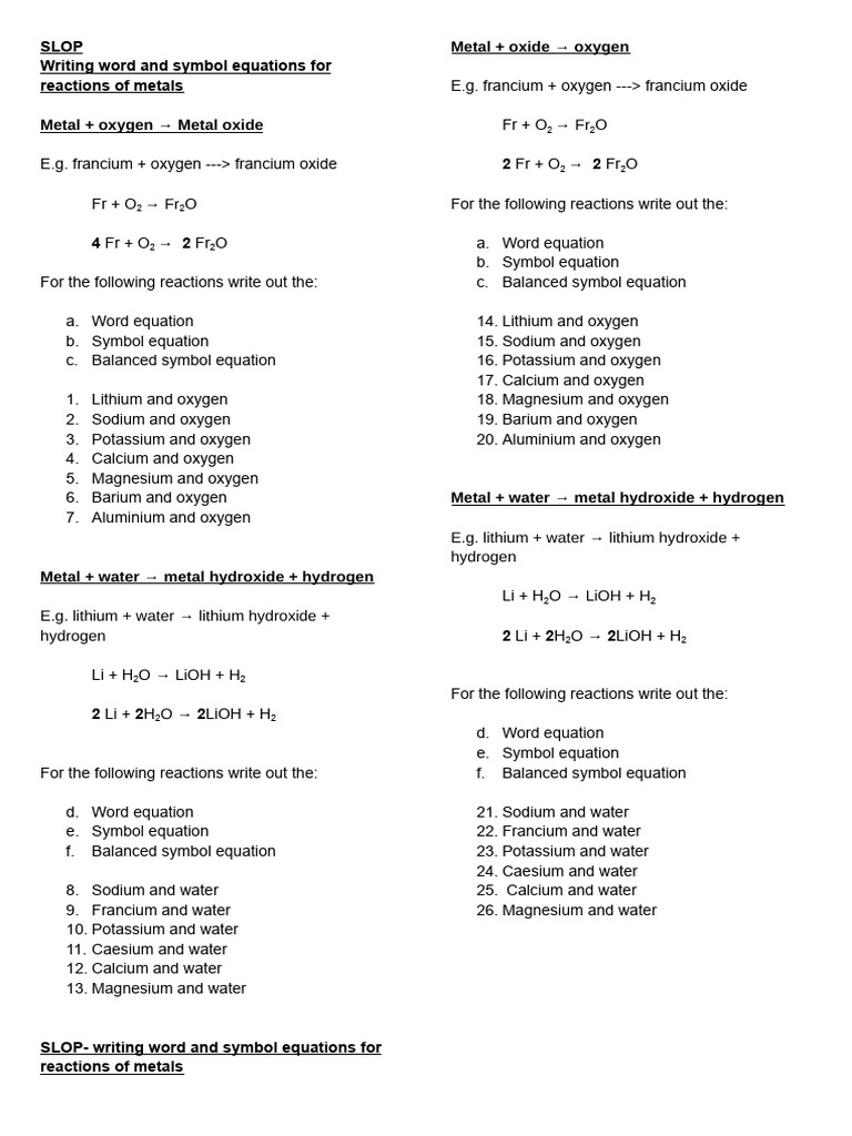 SLOP Without Answers - Writing Word and Symbol Equations For Reactions ...