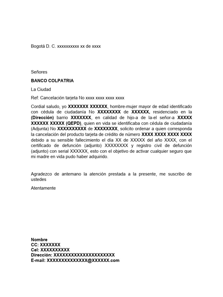 Carta para cancelar tarjeta por fallecimiento | PDF | Derecho