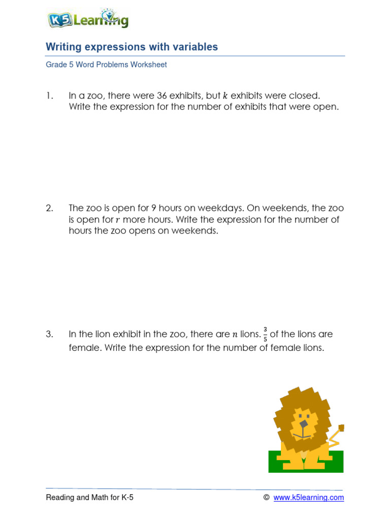 Grade 5 Variable Expressions Worksheet | PDF | Home & Garden