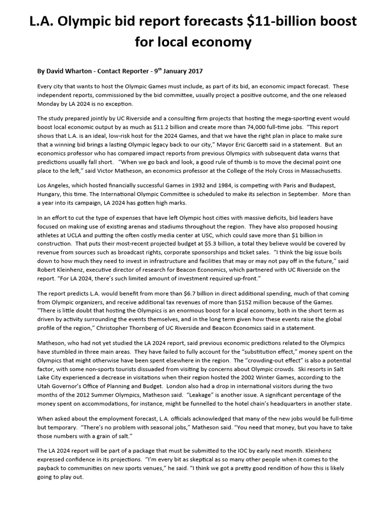 LA 2024 Olympic Bid Economic Impact Report | PDF | Olympic Games | Los ...