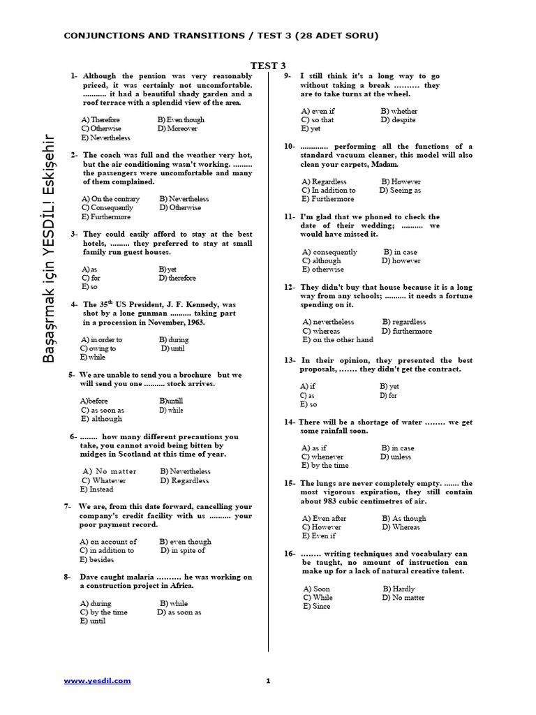 Conjunctions & Transitions Test | PDF