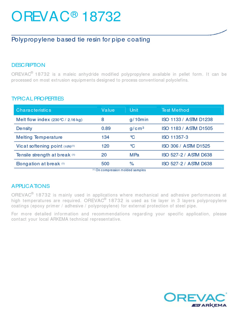 (Arkema) (TDS) Orevac 18732 (PP MFR 8.0) | PDF | Extrusion | Industrial Processes