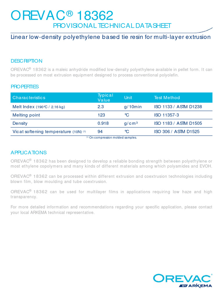 (Arkema) (TDS) Orevac 18362 (LLDPE MFR 2.3) | PDF | Medical Device | Polyethylene