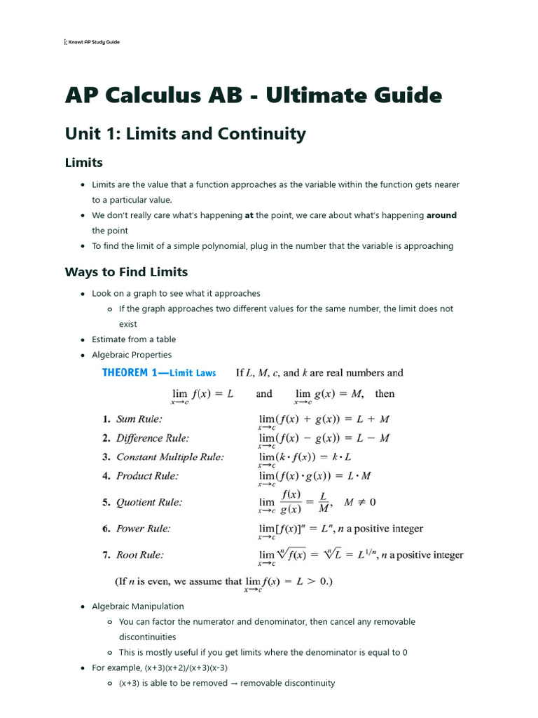 AP Calculus AB - Ultimate Guide Notes - Knowt | PDF | Derivative | Integral