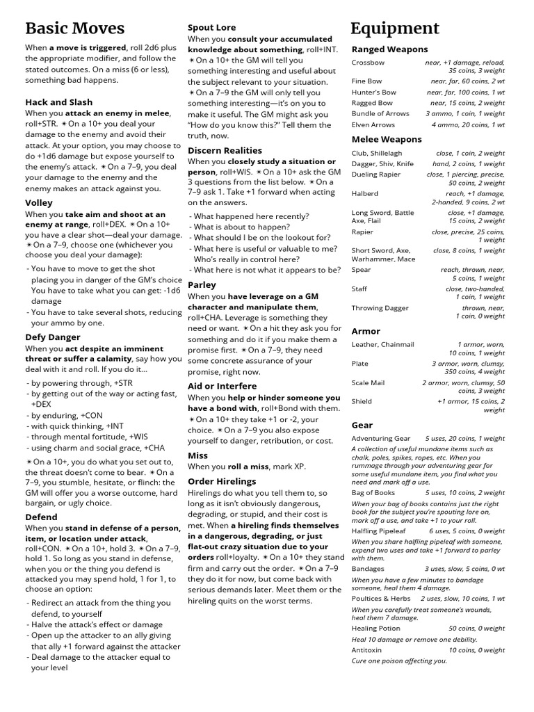 Dungeon World Cheat Sheets (Comprehensive) | PDF