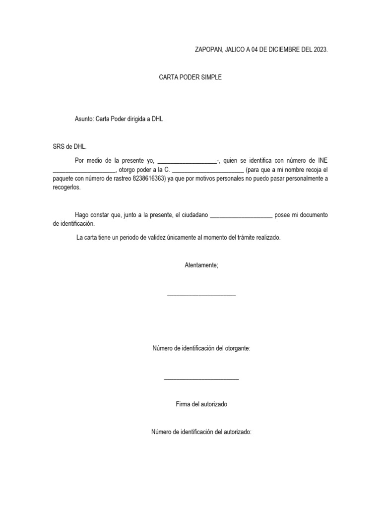 Carta Poder Simple para DHL | PDF