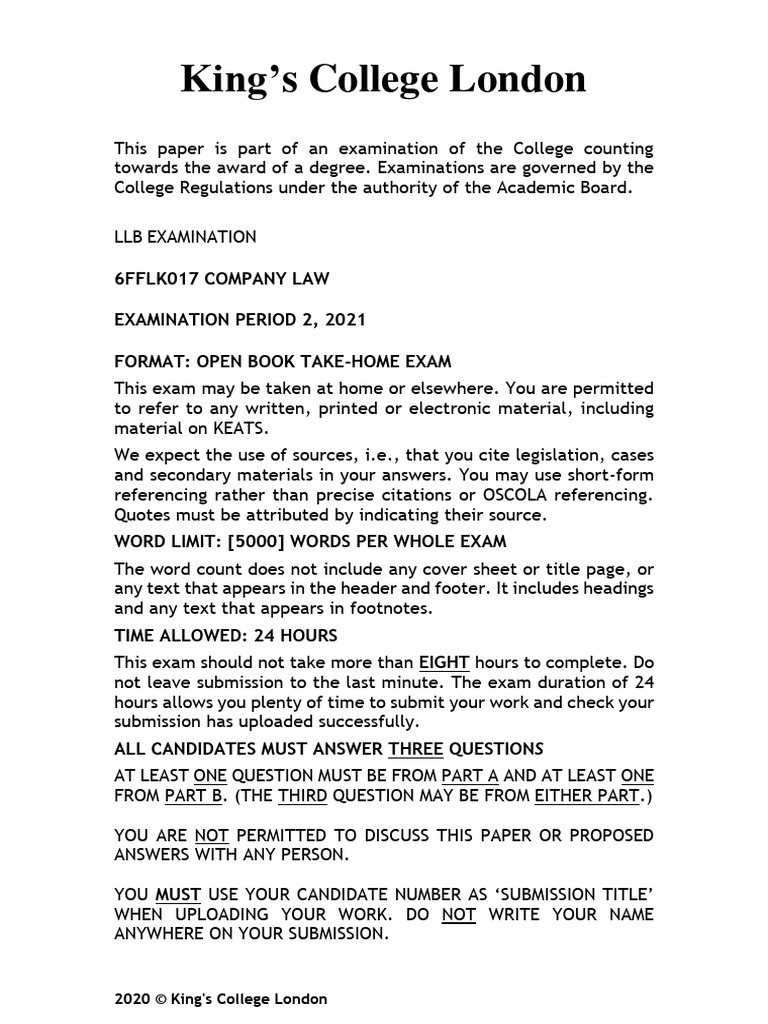KCL 2021 Company Law Exam Paper | PDF | Dividend | Preferred Stock