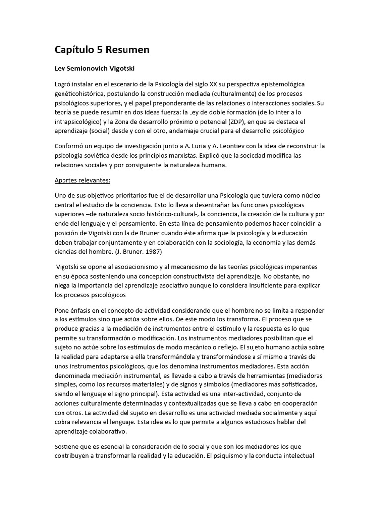 Capítulo 5 Resumen Vigotsky-Brunner | PDF | Aprendizaje | Sicología