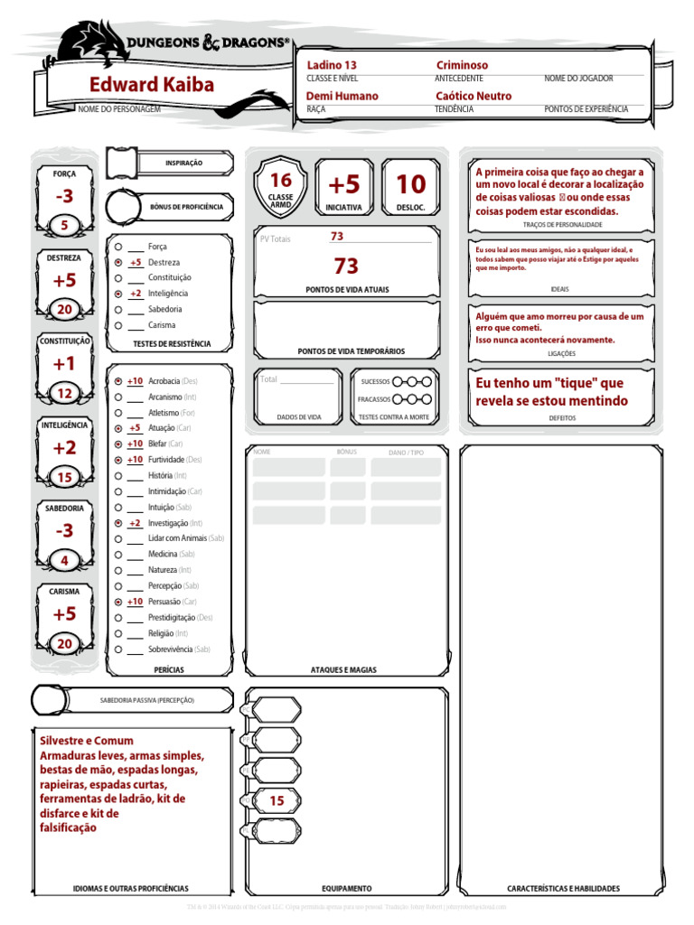 Ficha de Personagem D&D 5E Edward | PDF