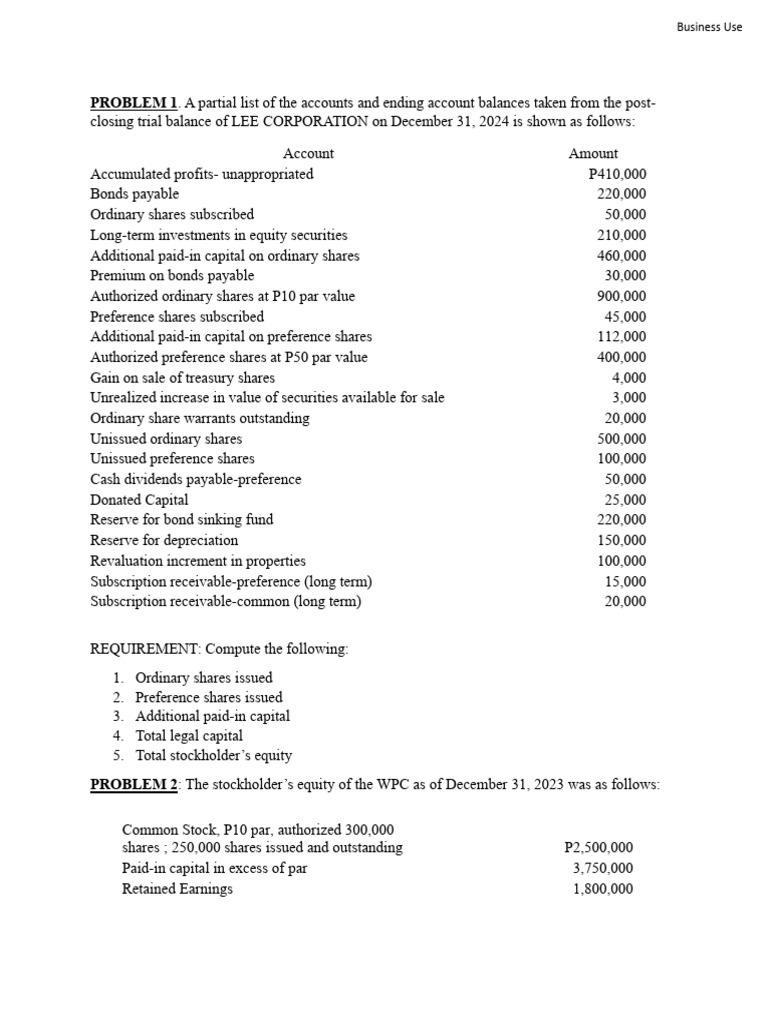 PROBLEM 1. A Partial List of The Accounts and Ending Account Balances Taken From The Post | PDF ...