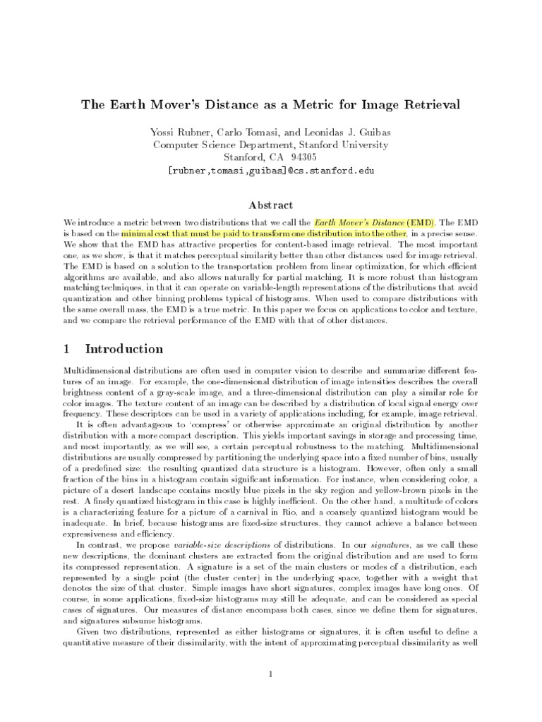 The Earth Mover's Distance As A Metric For Image Retrieval | PDF | Applied Mathematics