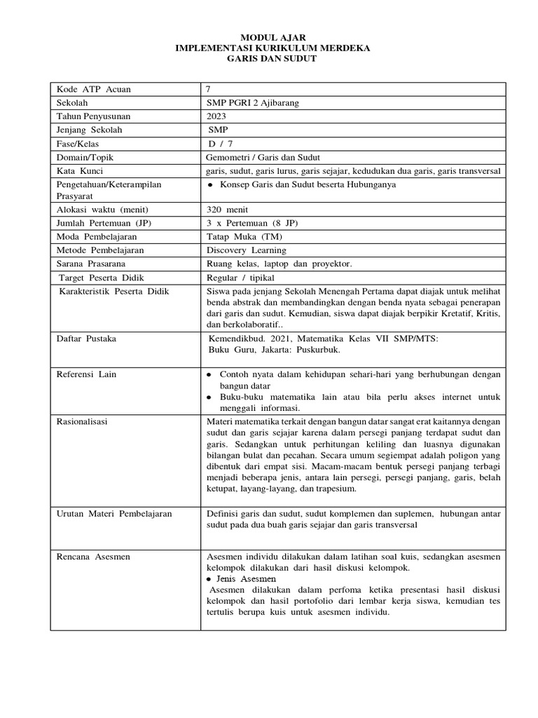 Modul Ajar Matematika - MODUL AJAR GARIS DAN SUDUT KELAS 7 - Fase D | PDF