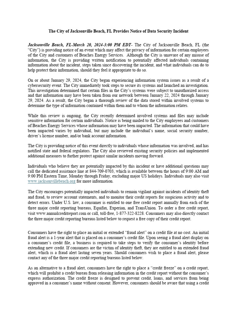 Jacksonville Beach Data Security Incident Notice | PDF | Credit History | Computer Security