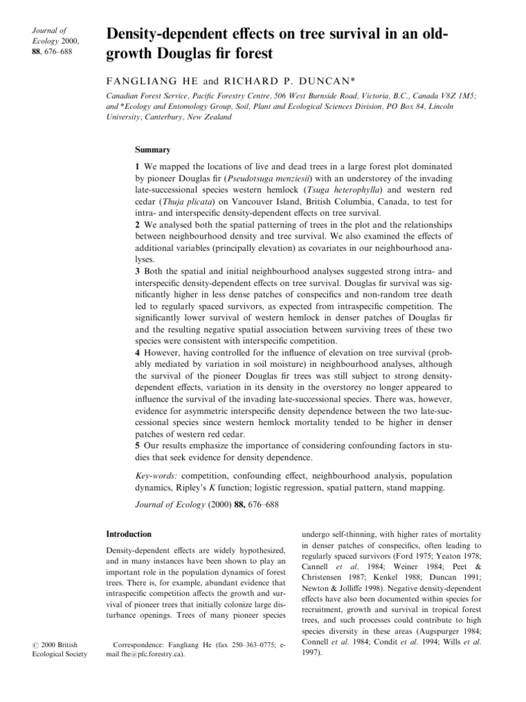 Density Dependant Effects of Tree Survival in An Old-Growth Douglas-Fir ...
