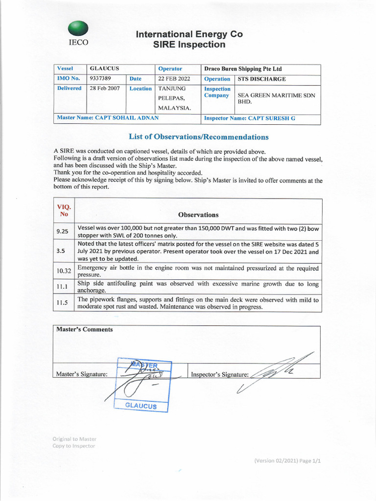 IECO Sire Inspection Report | PDF