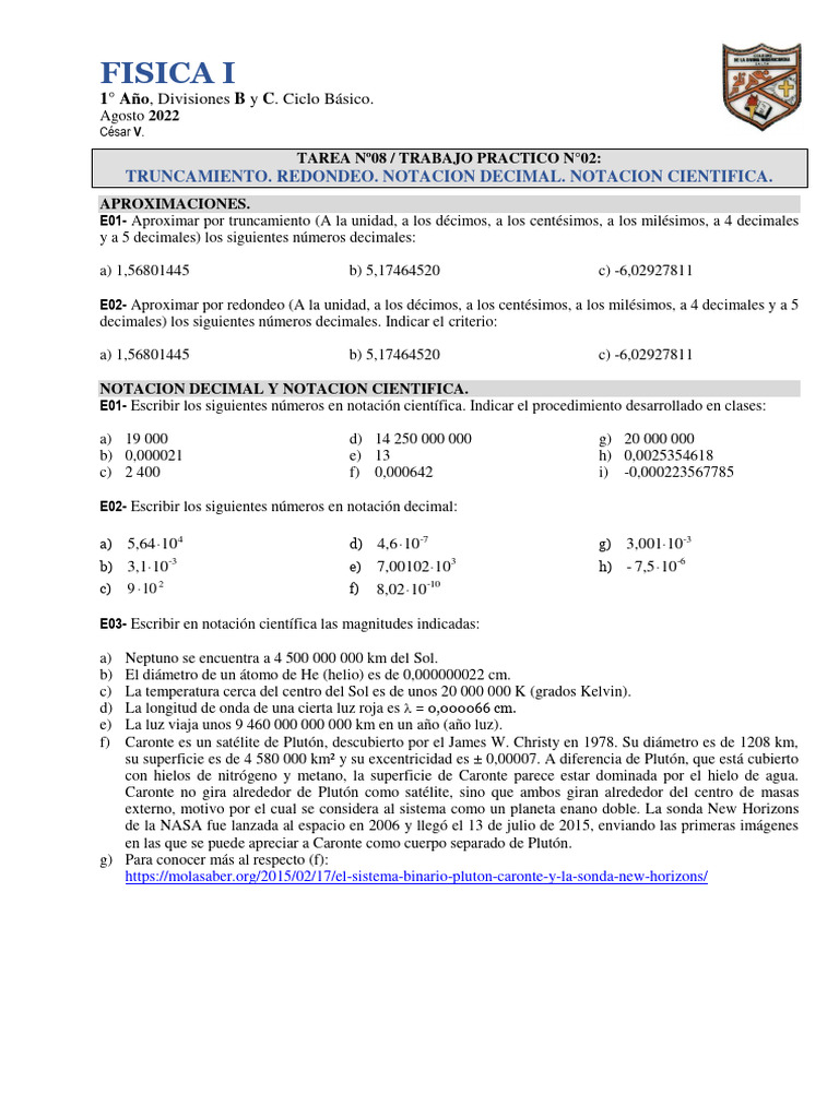 FISICA 1BC - Tarea N°8 - Trabajo Práctico N°02 - Truncamiento, Redondeo ...