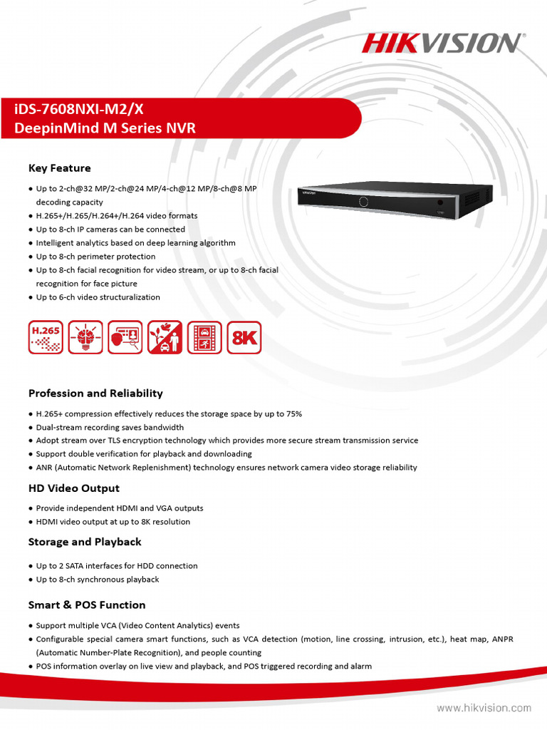 DeepinMind NVR Datasheet DS-7608NXI-M2 - X | PDF | Hdmi | Video