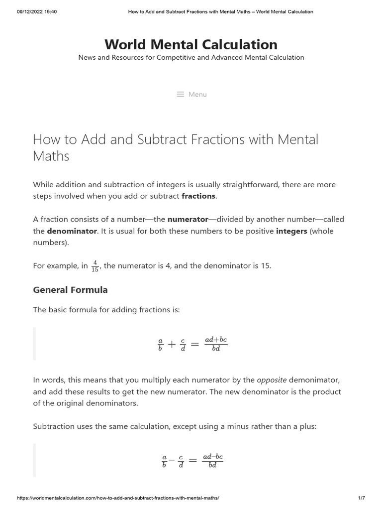 How to Add and Subtract Fractions with Mental Maths – World Mental ...