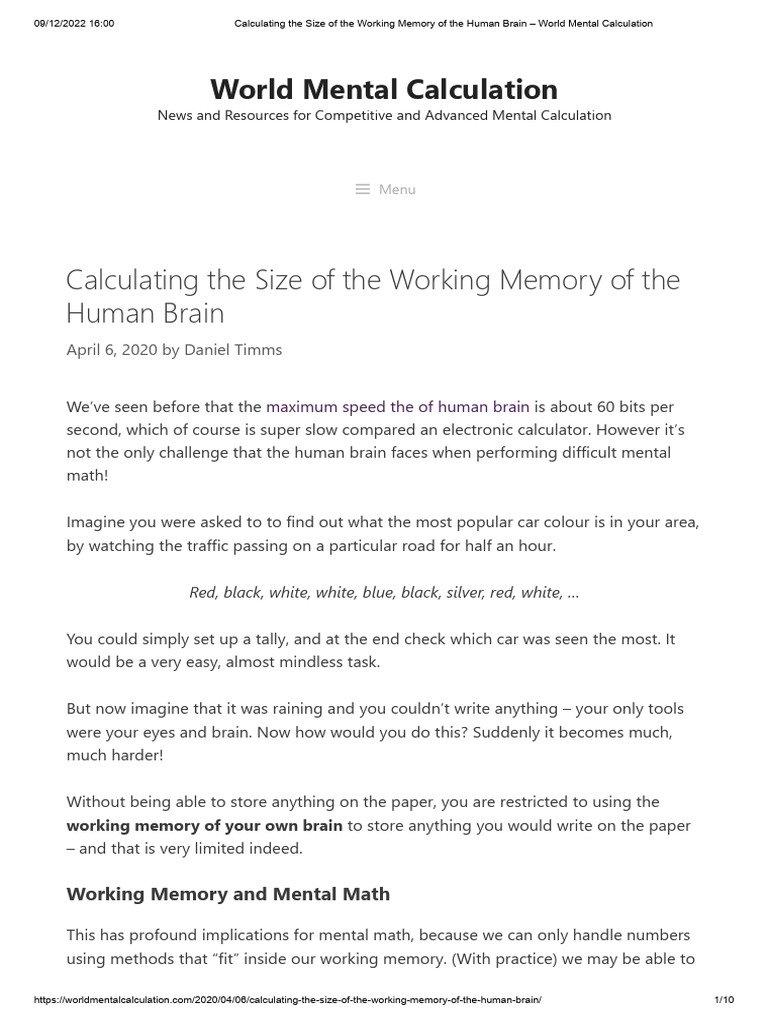 Calculating The Size of The Working Memory of The Human Brain - World Mental Calculation | PDF ...