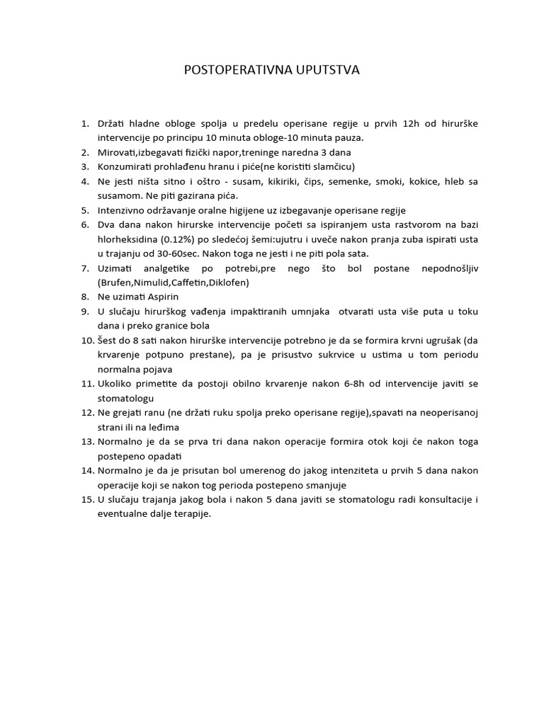 Postoperativna Uputstva | PDF