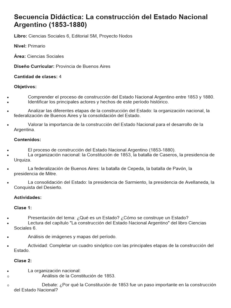 Secuencia Didáctica LA CONSTRUCCION DEL ESTADO NACIONAL 1853-1880 MAY | PDF | Argentina ...