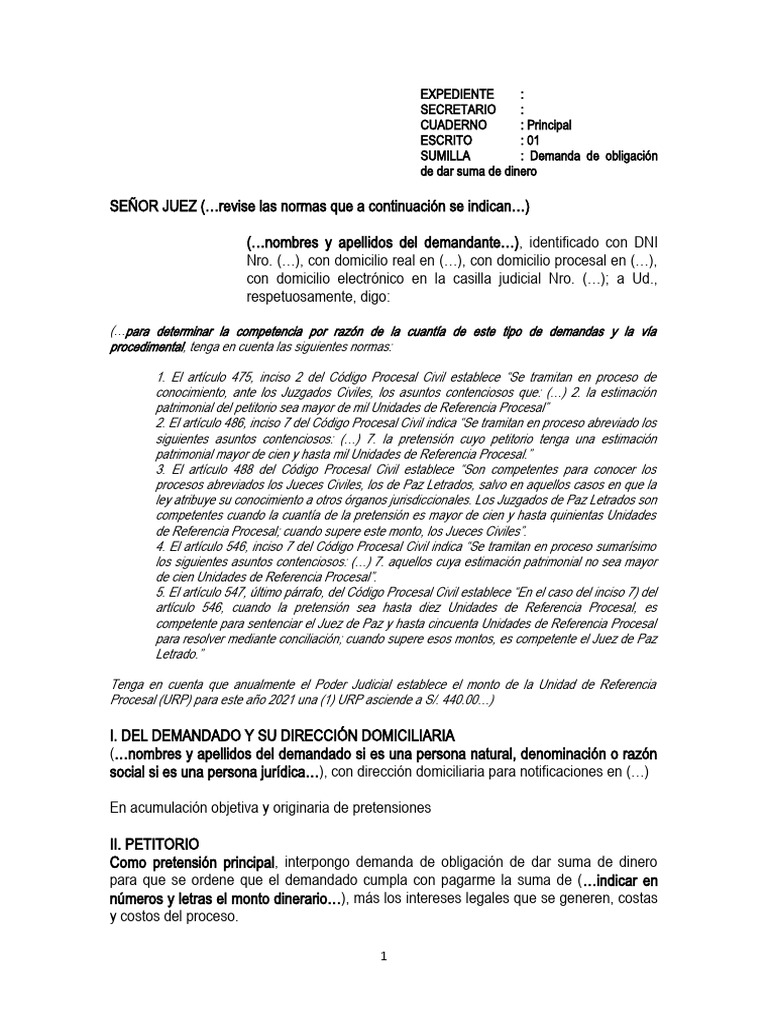 Modelo Demanda de Obligación de Dar Suma de Dinero | PDF | Pagos | Ley procesal