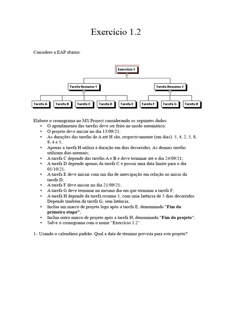 Exercício1.2 Atividades MS Project | PDF