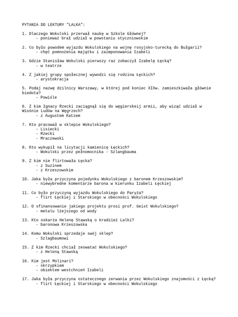 PYTANIA DO LEKTURY LALKA | PDF