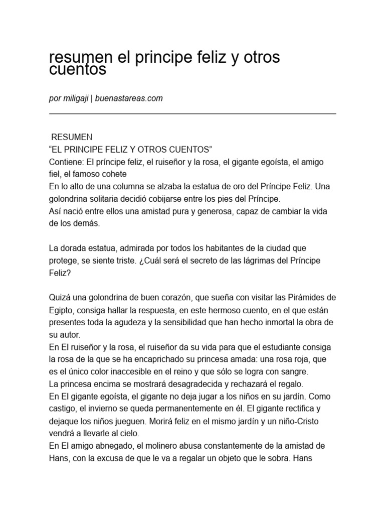 Resumen El Principe Feliz y Otros Cuentos | PDF | Peter Pan | Las ...