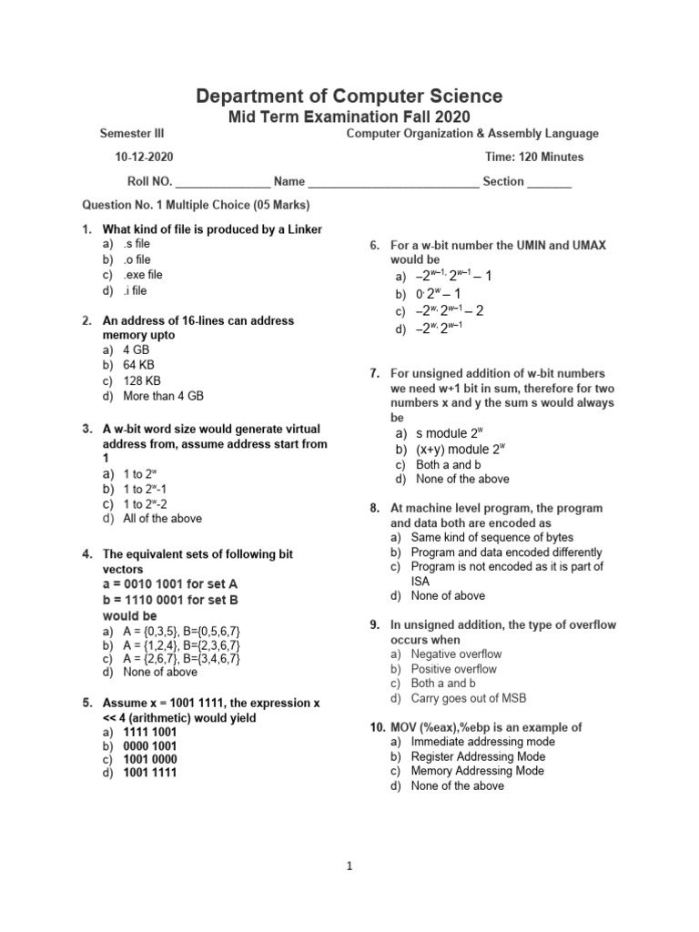 Computer Organization & Assembly Language Mid Term 2020-Resit Students ...