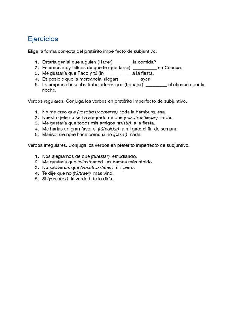 Ejercicios Subjuntivo Imperfecto | PDF