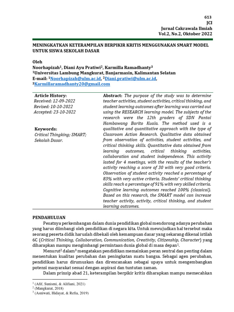 Meningkatkan Keterampilan Berpikir Kritis Menggunakan Smart Model Untuk Siswa Sekolah Dasar ...