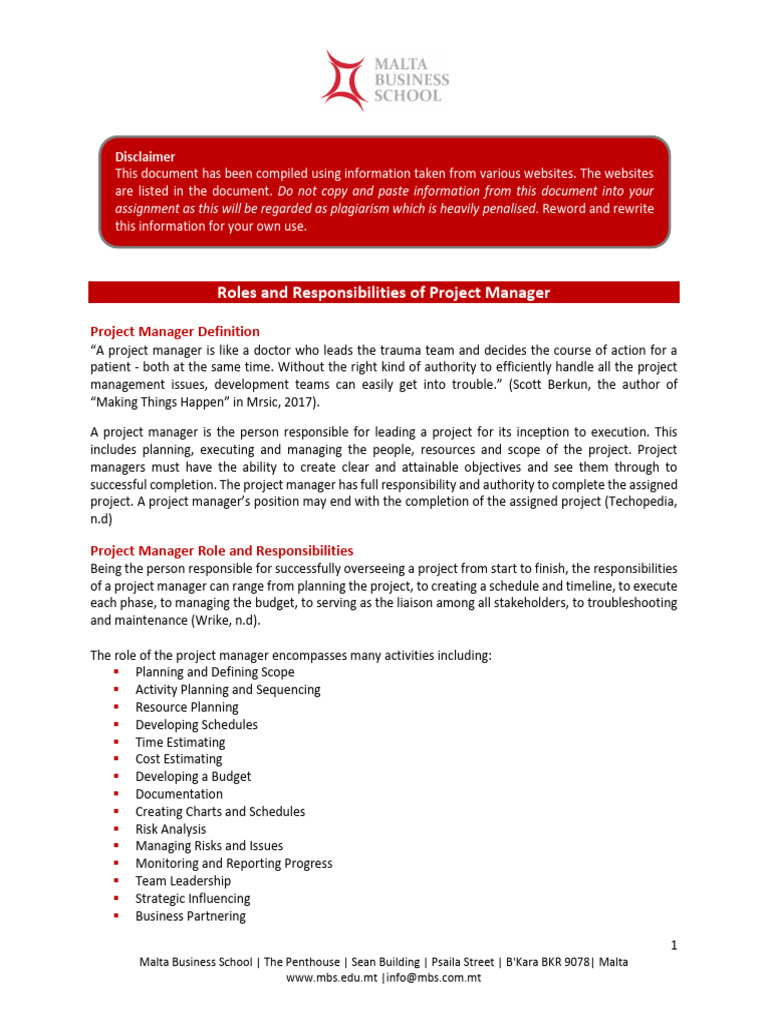 Project Manager Roles and Responsibilities | PDF | Project Management ...