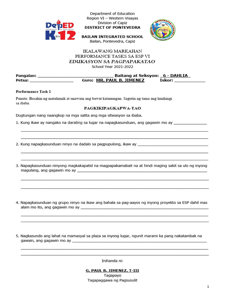 LONG SIZE ESP-6-Q2 Performance Task School Year 2021-2022 | PDF